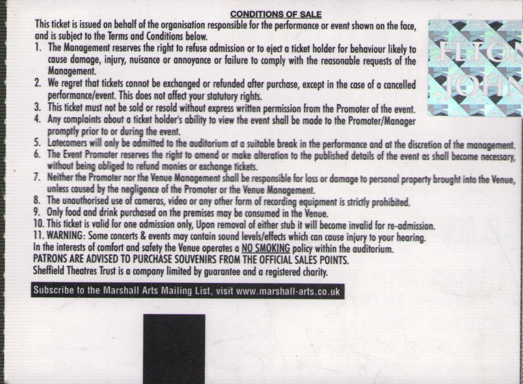 Elton John - Sheffield Aerna 9th December 2002 - Ticket – Vinyl Tap