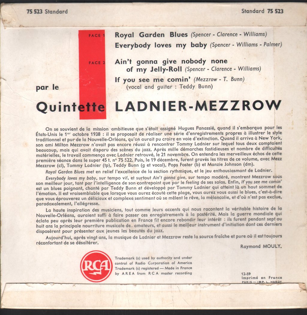 Mezz Mezzrow / Tommy Ladnier / Sidney Bechet - Royal Garden Blues - Lp ...