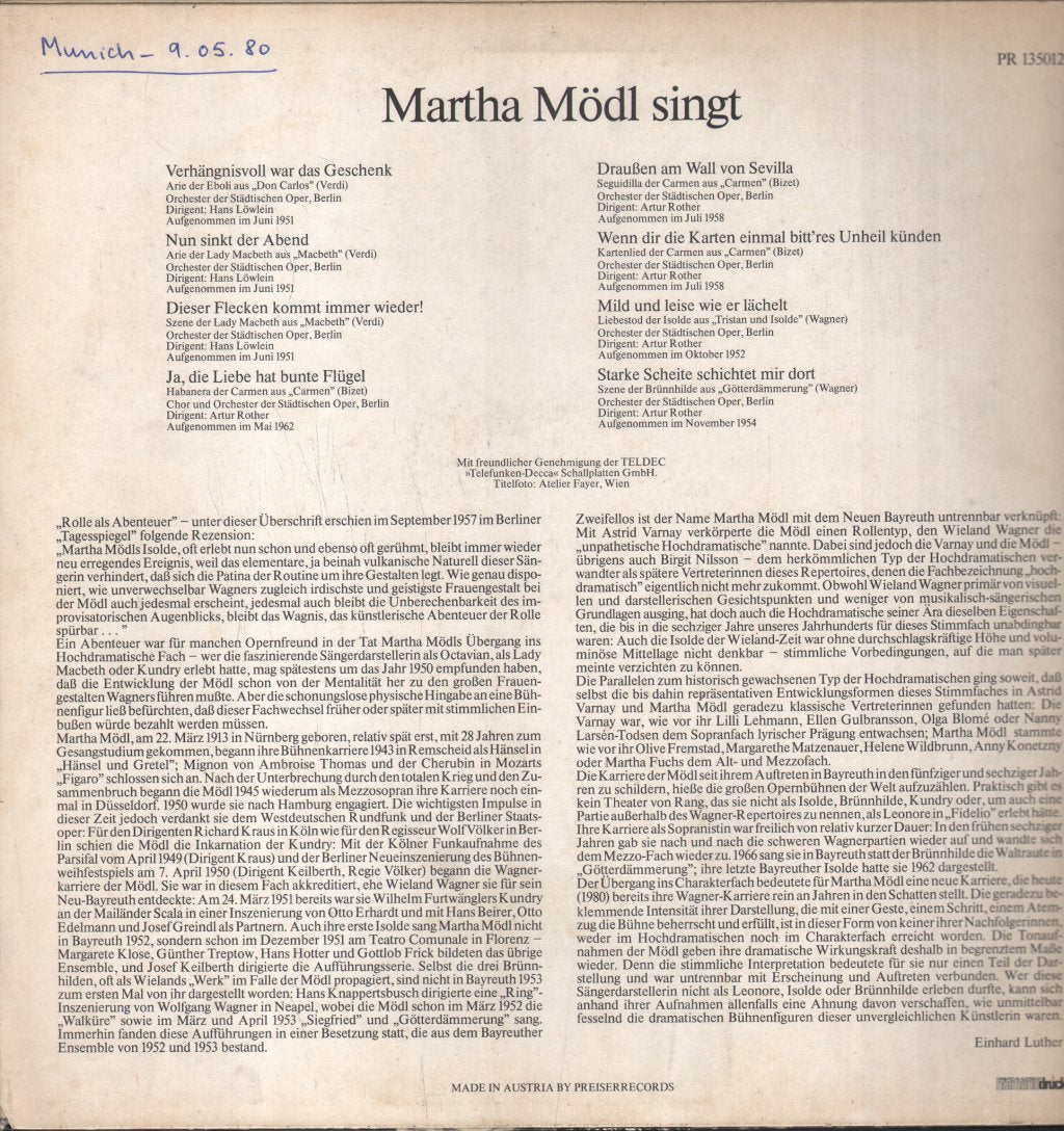 Martha Modl - Arien Und Szenen Aus Don Carlos, Macbeth, Carmen, Trista ...