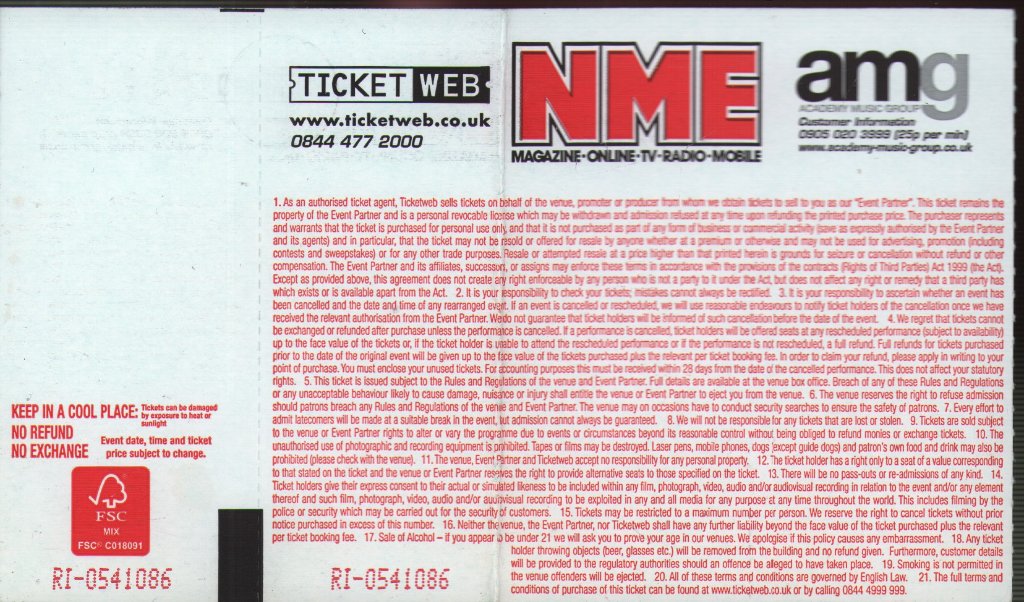 Answer - O2 Academy Sheffield 15th October 2011 - Ticket – Vinyl Tap