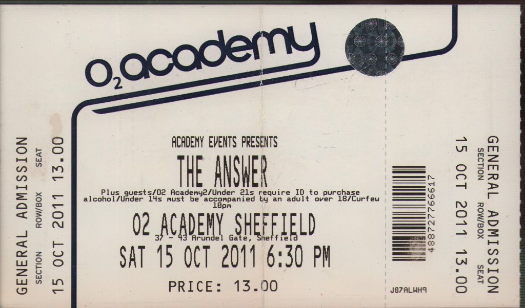 Answer - O2 Academy Sheffield 15th October 2011 - Ticket – Vinyl Tap